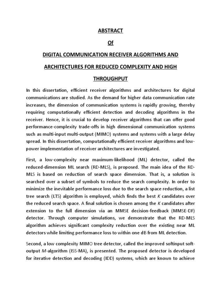 Of Digital Communication Receiver Algorithms And Architectures For Reduced Complexity And High