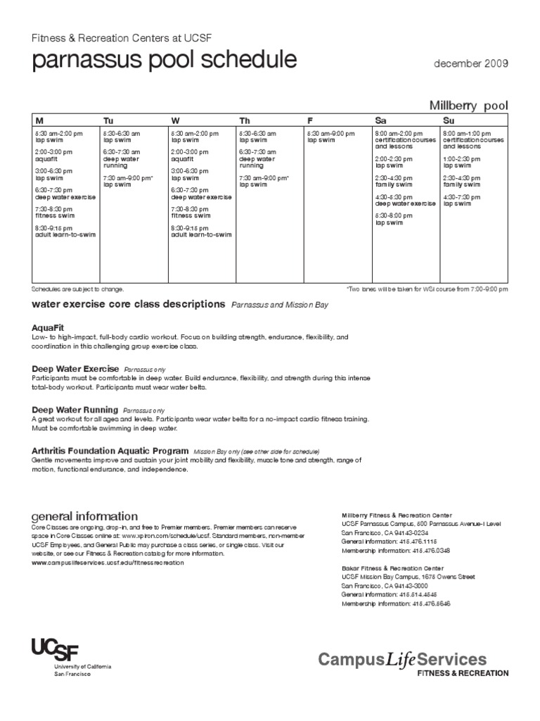 UCSF Pool Schedule December 2009 | PDF | Physical Fitness | Self Care
