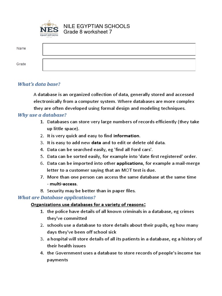 ICT G8 Worksheet 7 | PDF | Microsoft Access | Databases