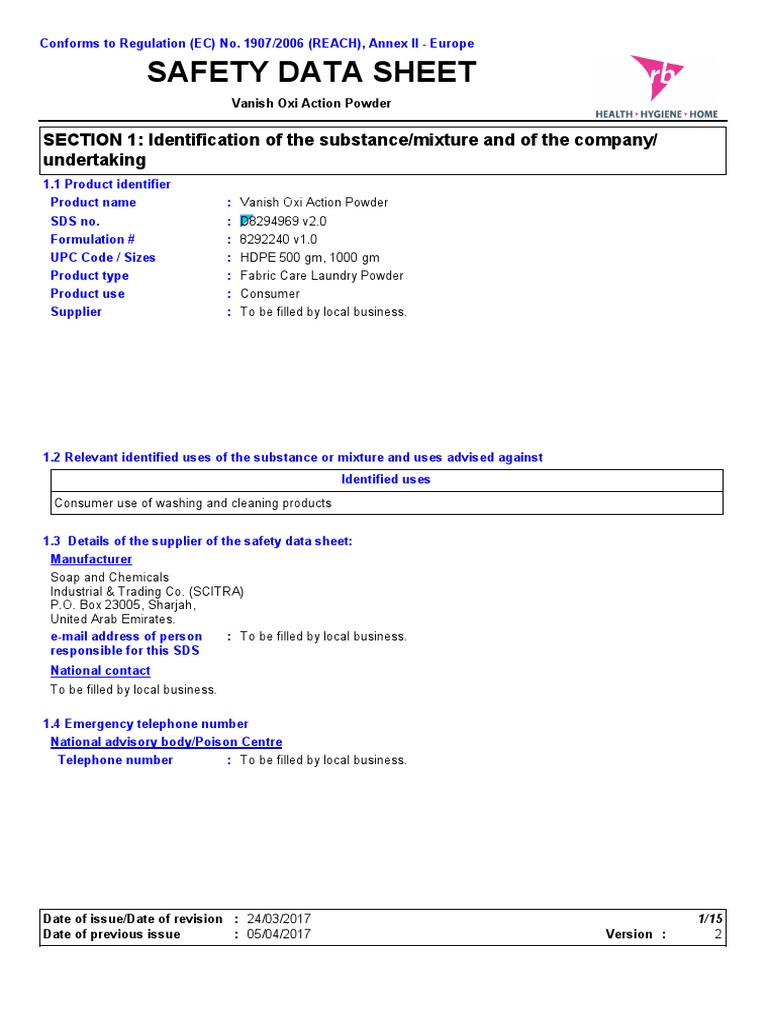 Safety Data Sheet for Vanish Oxi Action Powder Laundry Detergent | PDF ...