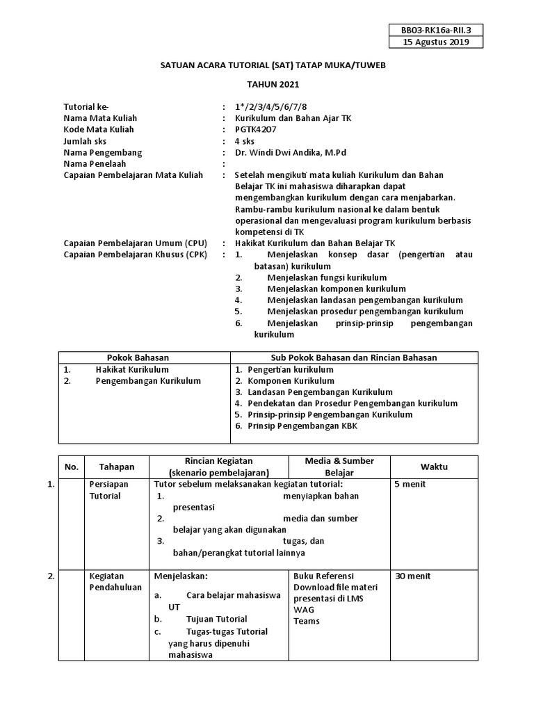 SAT 1 Kurikulum TK 1 | PDF