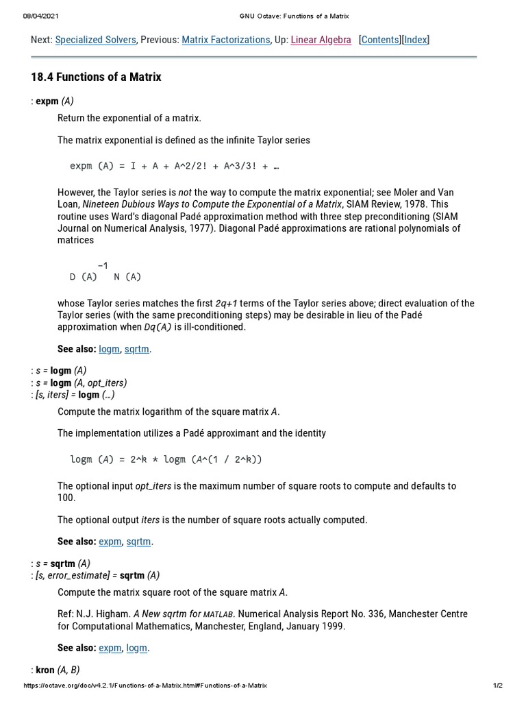GNU Octave - Functions of A Matrix | PDF | Matrix (Mathematics ...