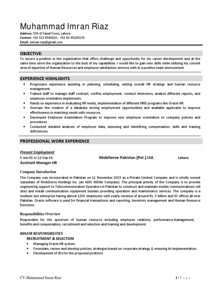 CV Muhammad Imran Riaz 1 P A G e MobiSer | PDF | Human Resources ...