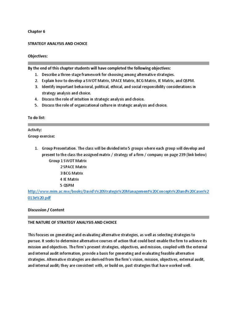 Chapter 6 Strategy Analysis and Choice | PDF | Swot Analysis | Matrix (Mathematics)