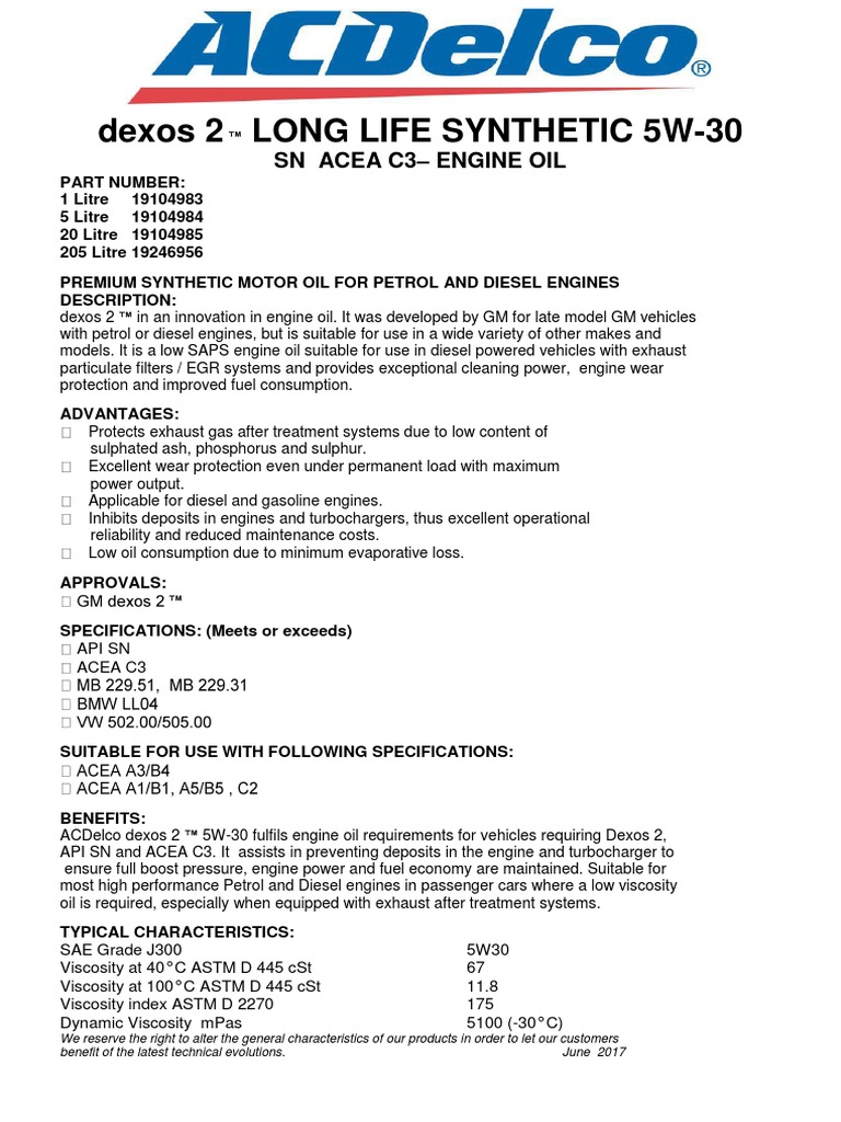 Acdelco Specs Oils 5w30 Dexos2 Diesel | PDF