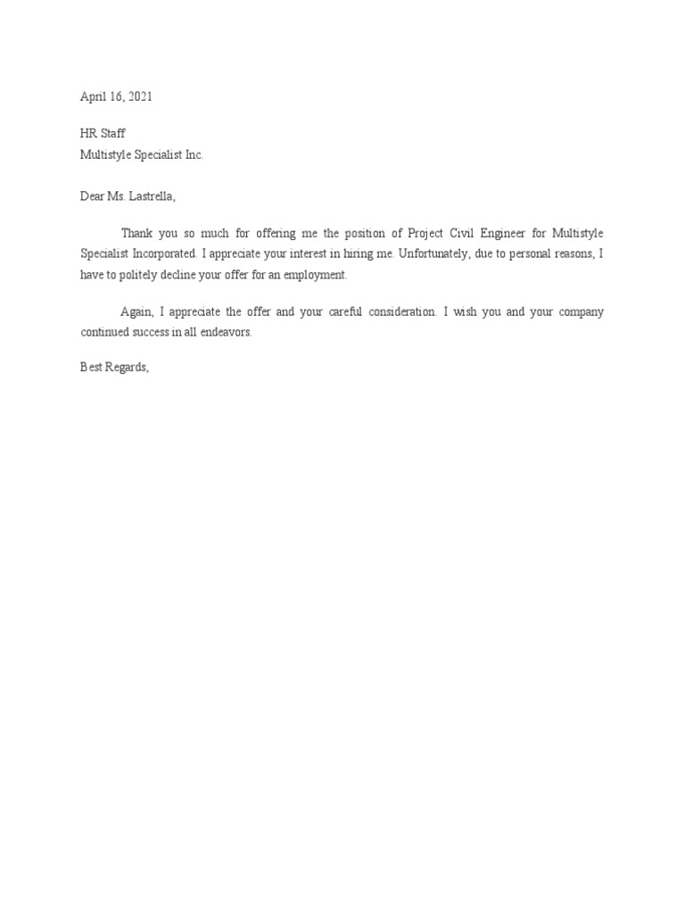 Job Decline Letter | PDF