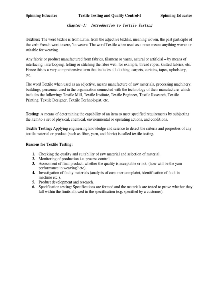 Chapter-1: Introduction To Textile Testing | PDF | Textiles | Quality ...