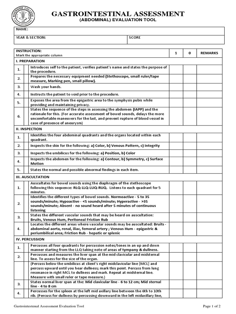 Gastrointestinal Assessment: (Abdominal) Evaluation Tool | PDF ...