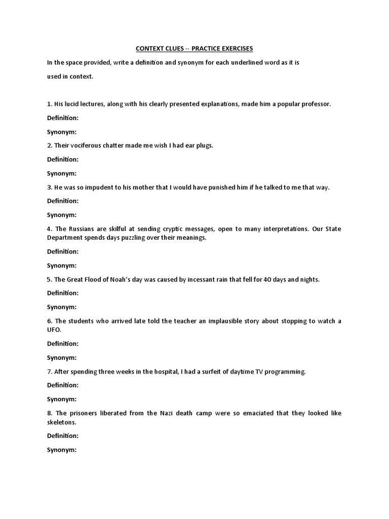 Context Clues Exercises | PDF
