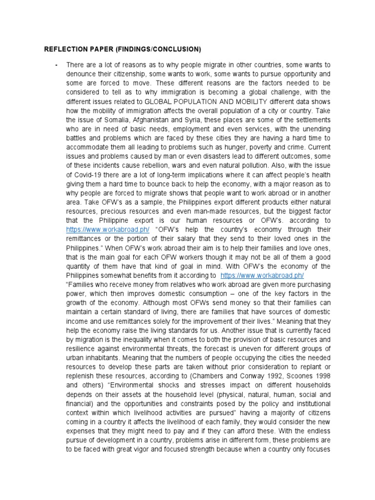 Reflection Paper (Findings/Conclusion) | PDF | Immigration | Human ...