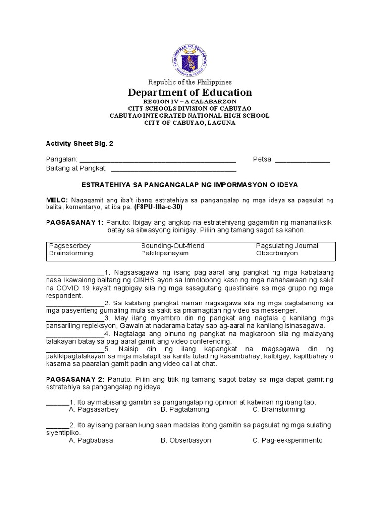 Activity Sheets 2 | PDF