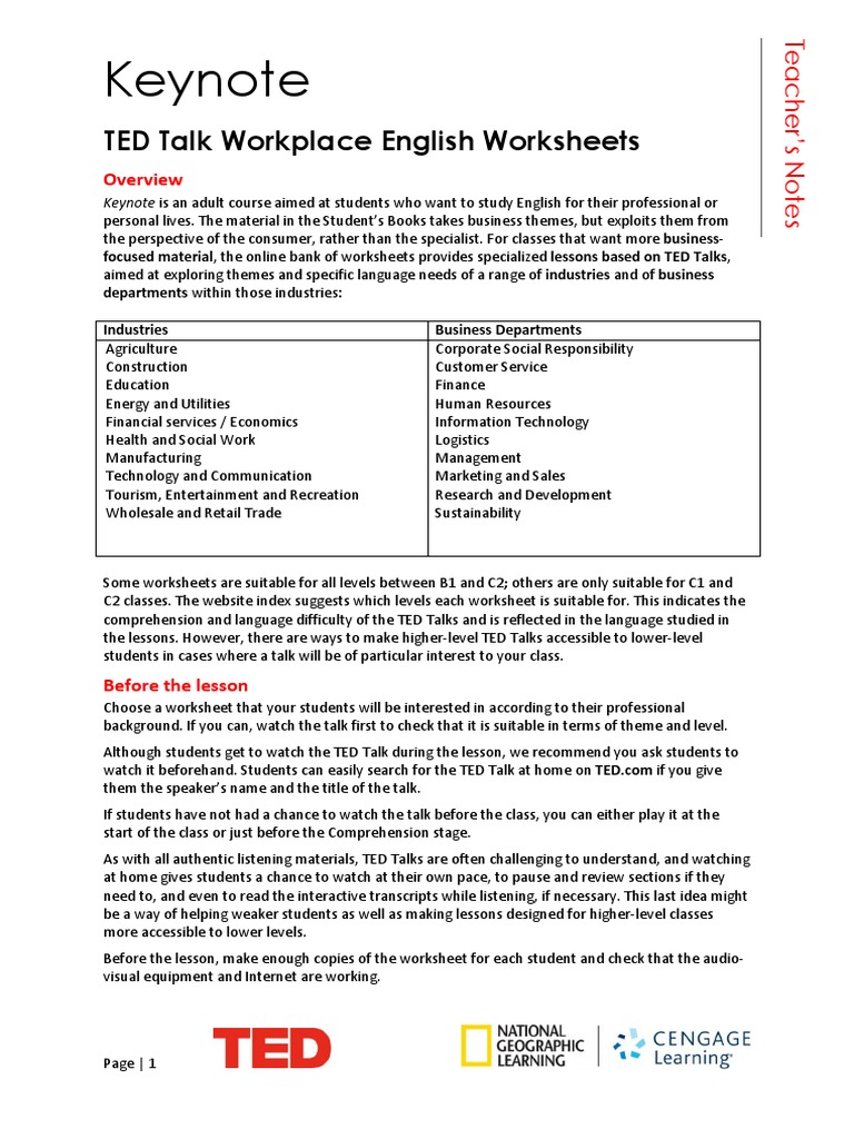 Keynote TED Talk Workplace English Worksheets - Teacher's Notes - 66 ...