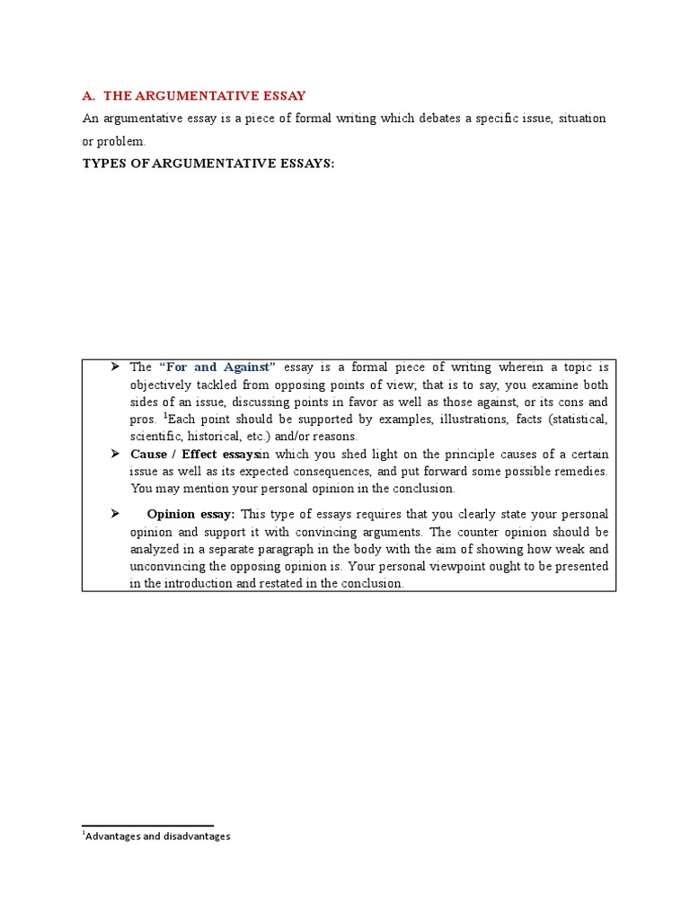 Types of Argumentative Essays:: A. The Argumentative Essay | PDF