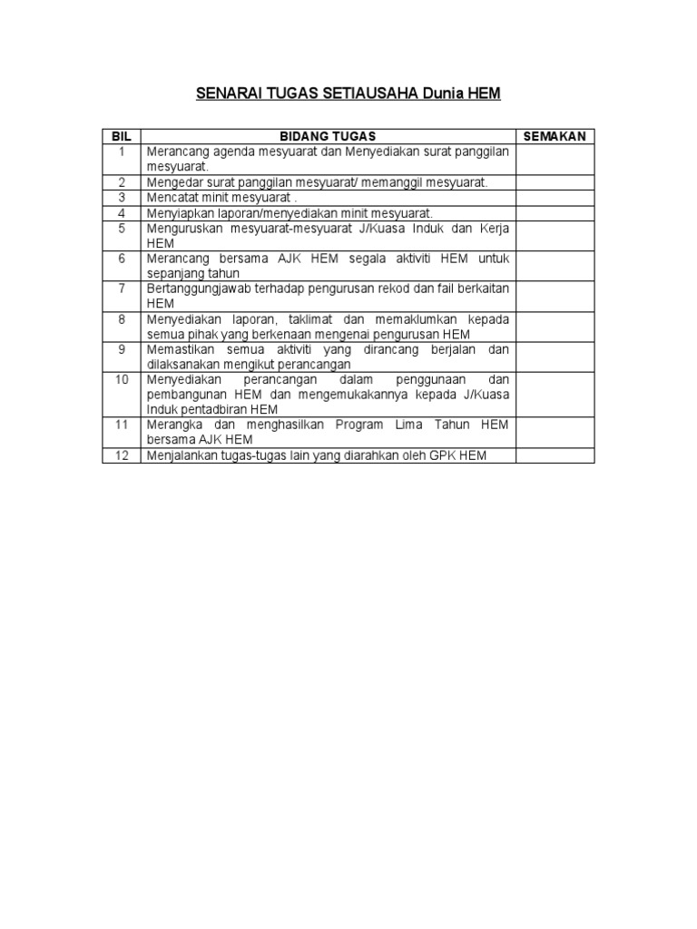 Tugas Setiausaha HEM yang Penting | PDF