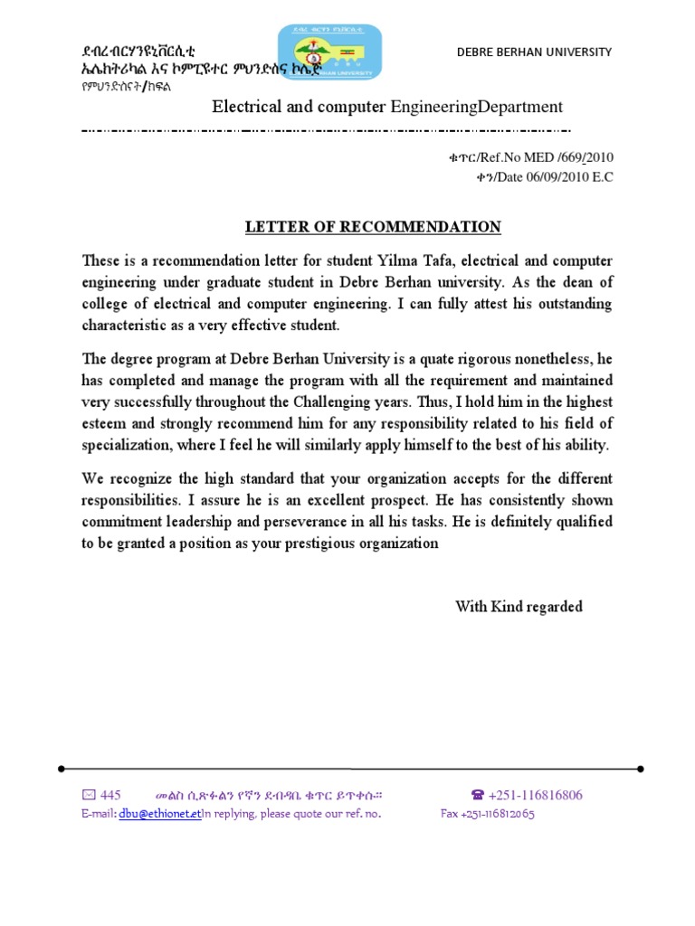 Electrical and Computer Engineeringdepartment: Letter of Recommendation ...
