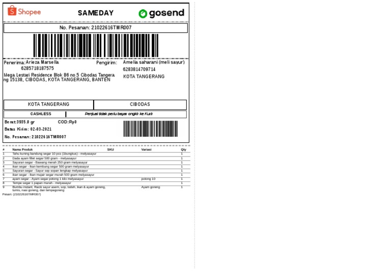 Label Pengiriman - Gosend Same Day - 1 | PDF