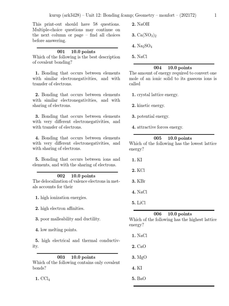 AP Chem 2 Unit 12 Review UT | PDF | Chemical Polarity | Chemical Bond