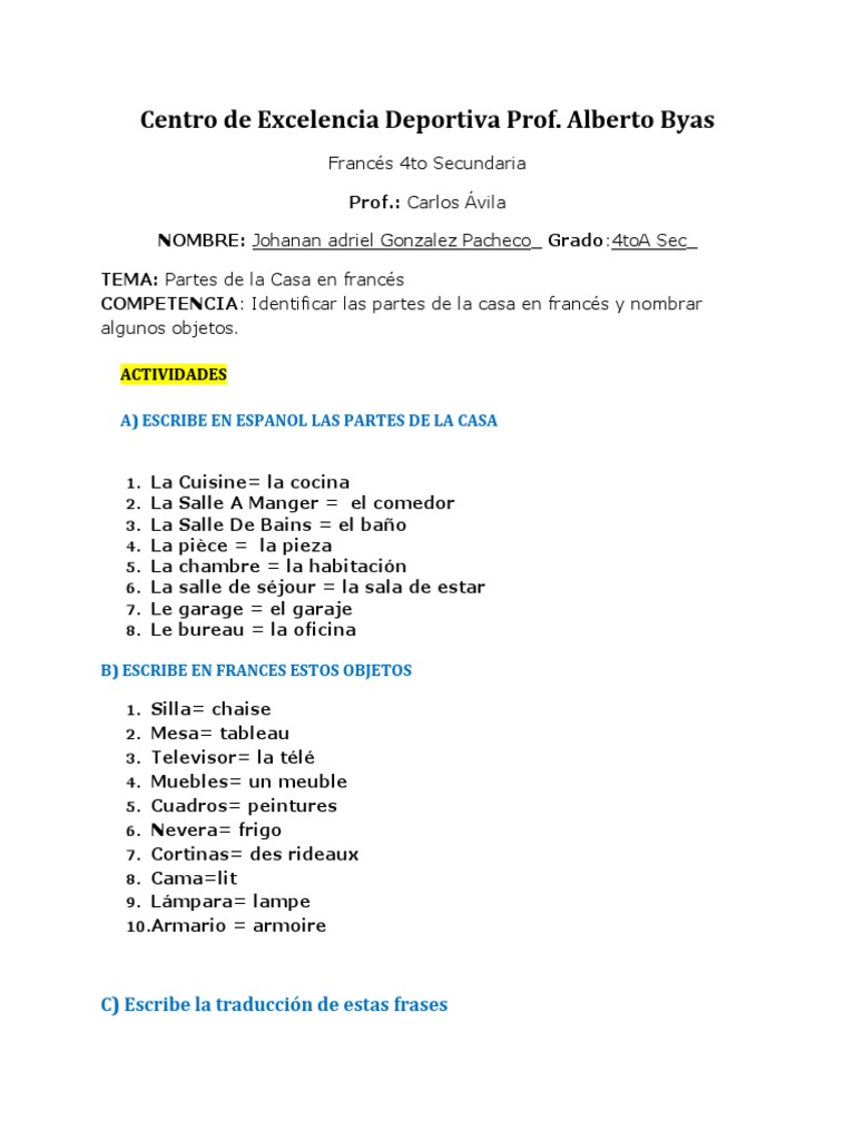 PARTES DE LA CASA (FRANCES 4to Sec.) | PDF