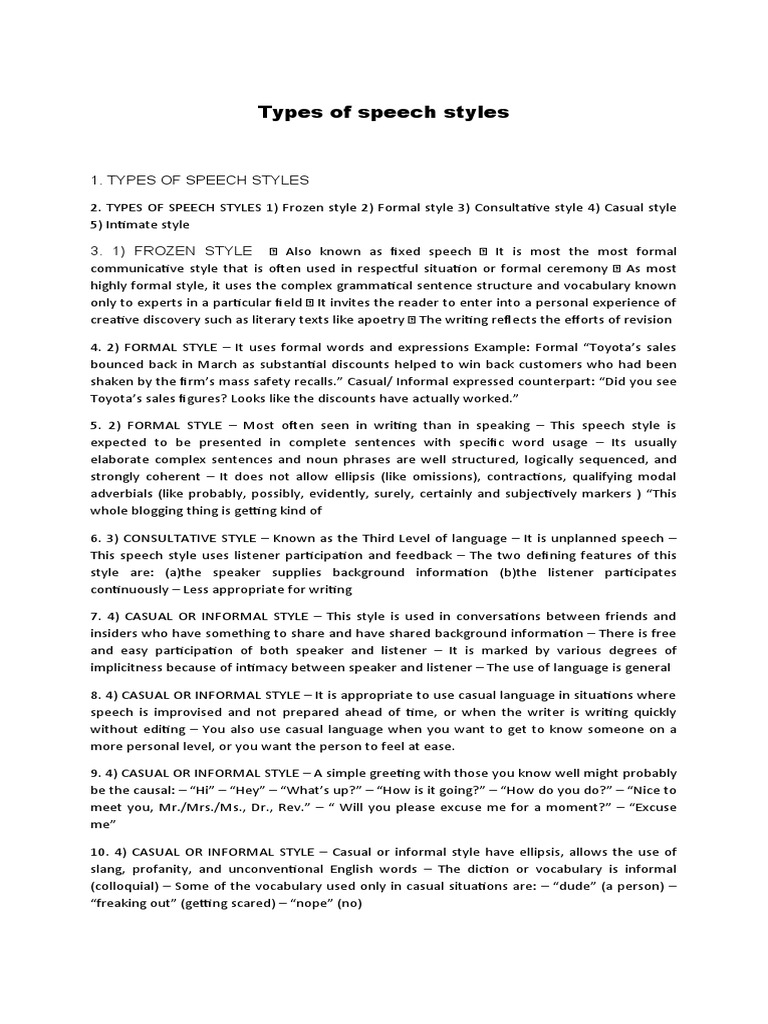 Types of Speech Styles | PDF | Sentence (Linguistics) | Cognitive Science