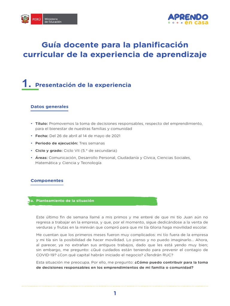Guia de Planificacion Curricular 5to Experiencia de Aprendizaje 2 ...