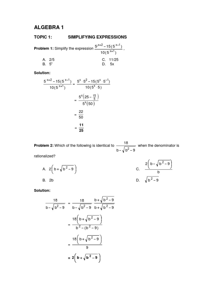 Algebra 1: Topic 1: Simplifying Expressions | PDF | Factorization ...