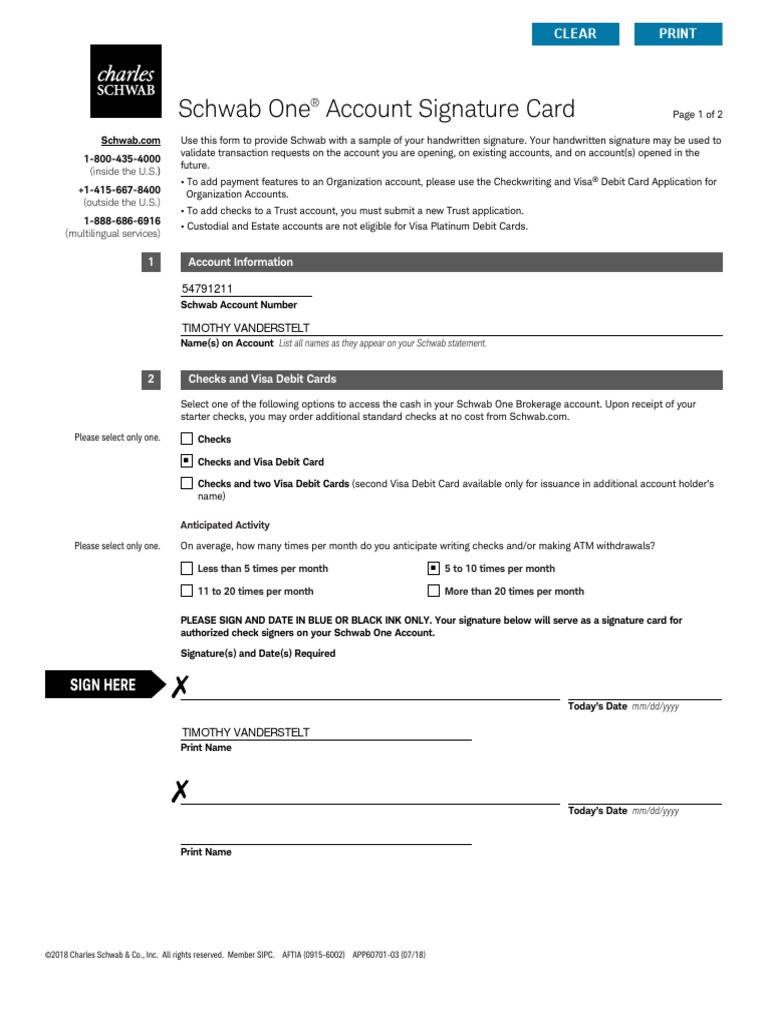Schwab One Account Signature Card | PDF | Cheque | Debit Card
