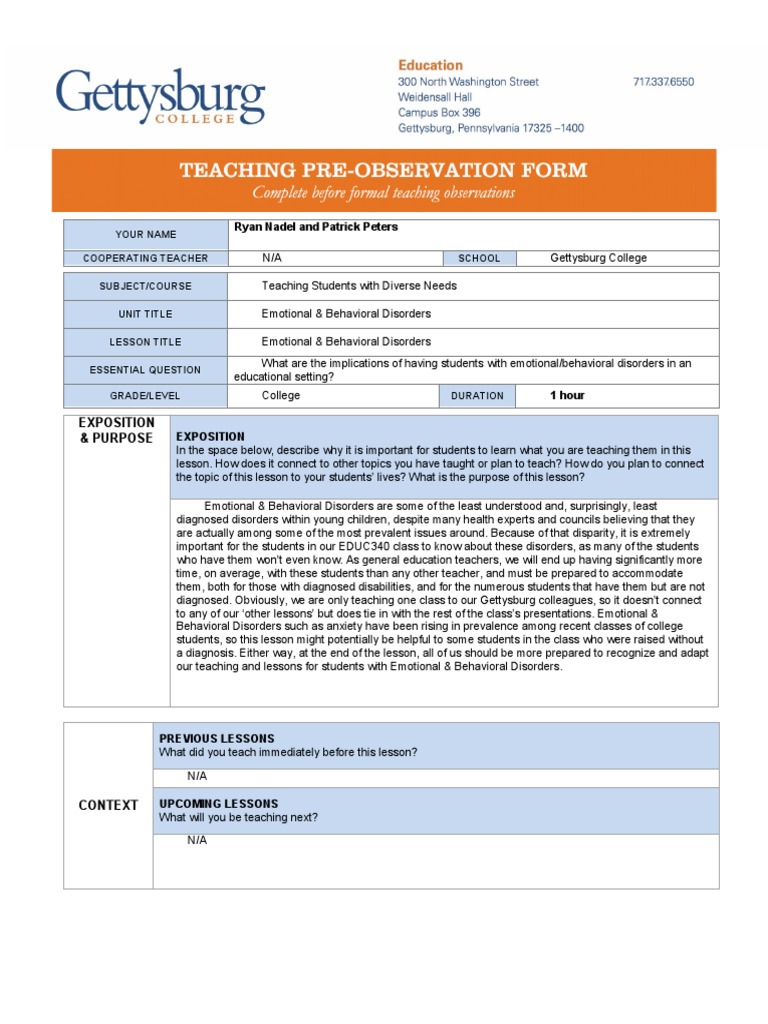 Co-Taught Lesson Plan - Emotional Behavioral Disorders | PDF | Teachers ...