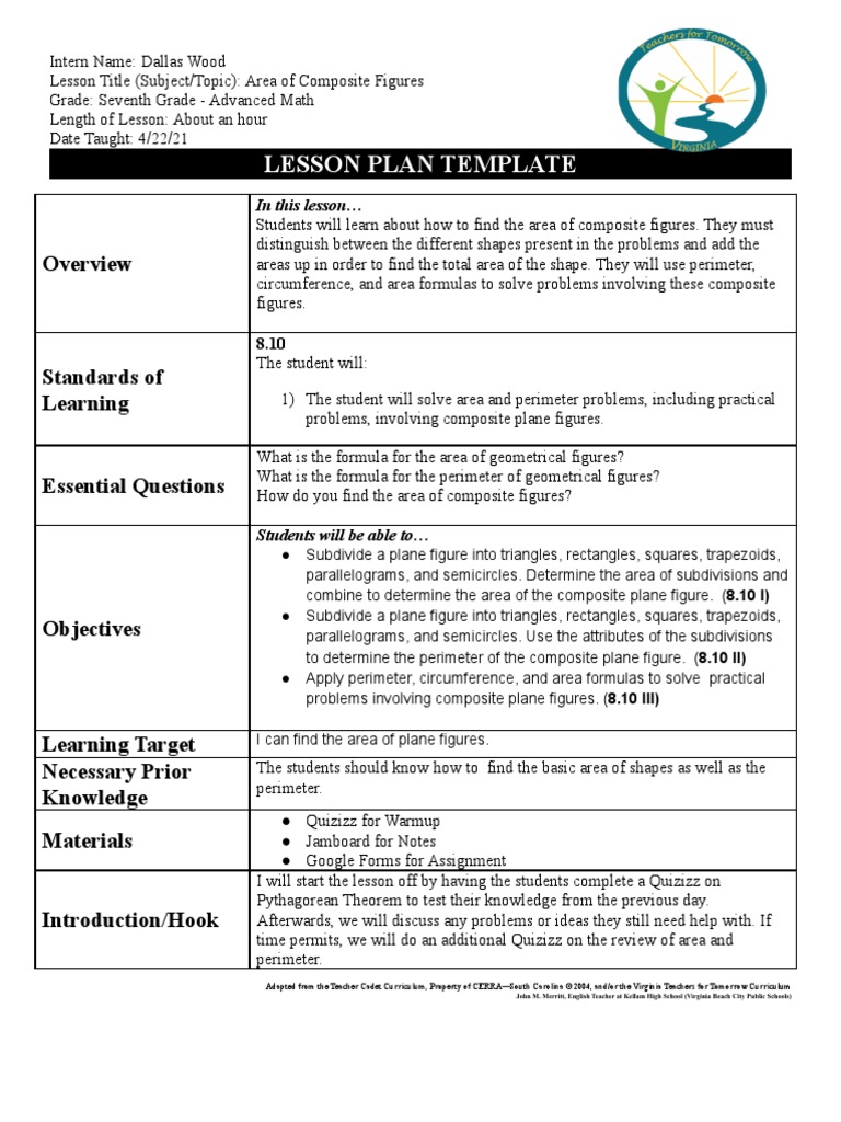 Lesson Plan Area of Composite Figures | PDF