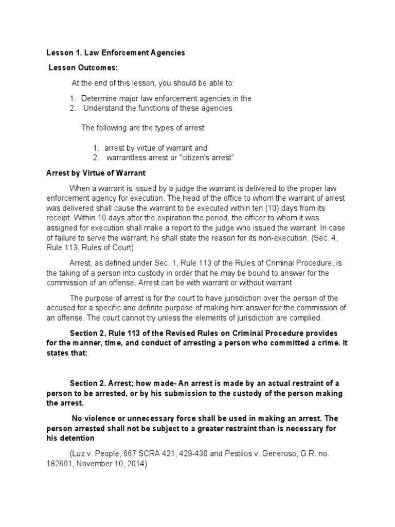 Lesson 1. Law Enforcement Agencies ARREST | PDF | Arrest | Arrest Warrant