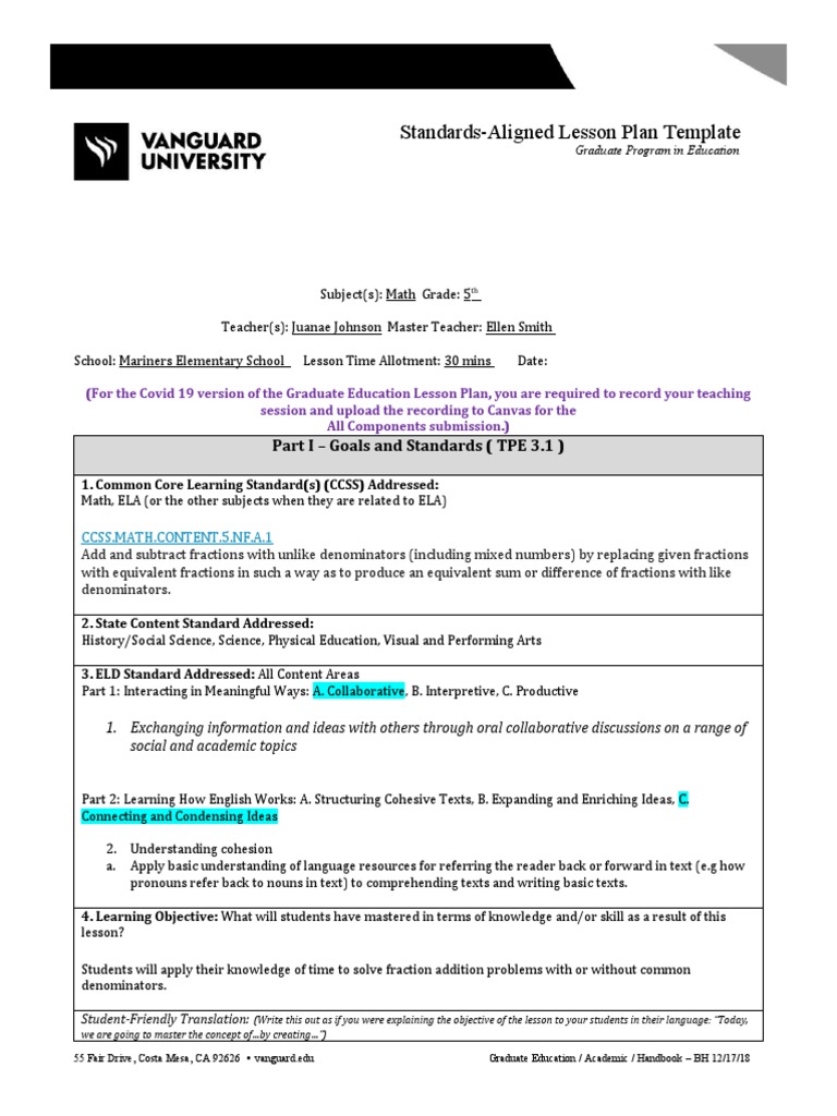 Standards-Aligned Lesson Plan Template: Part I - Goals and Standards ...