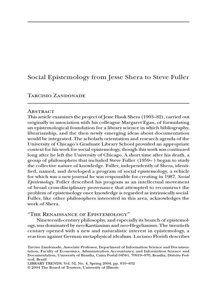 Social Epistemology From Jesse Shera To Steve Fuller | PDF | Social ...