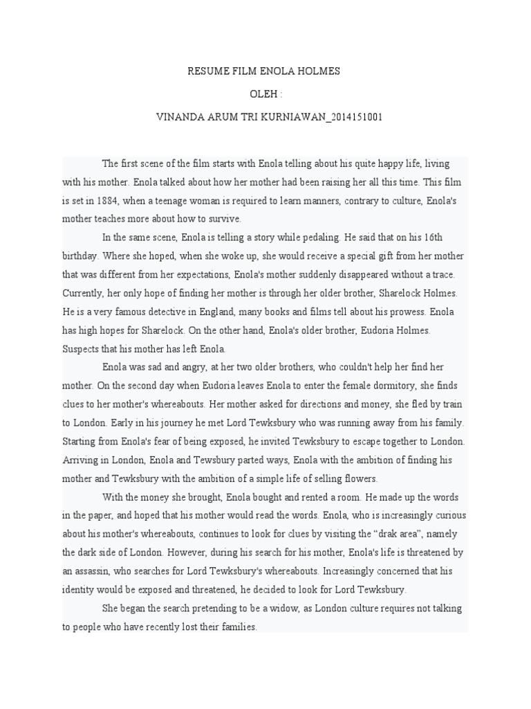 Resume Film Enola Holmes Oleh: Vinanda Arum Tri Kurniawan - 2014151001 | PDF | Classics