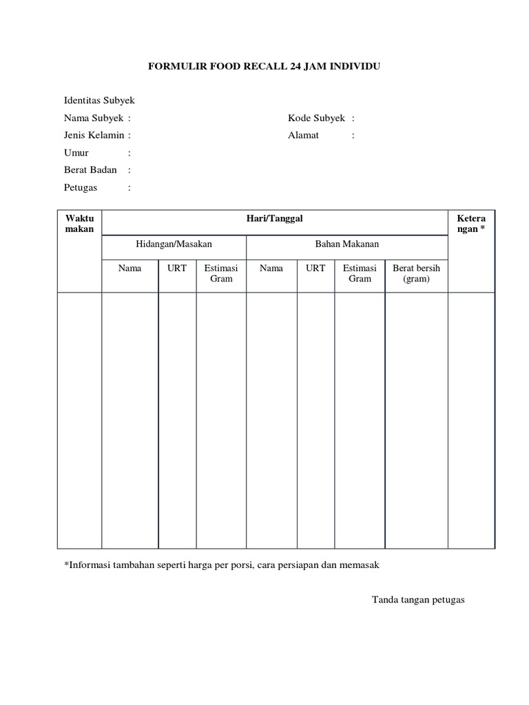 Formulir Food Recall 24 Jam Individu | PDF