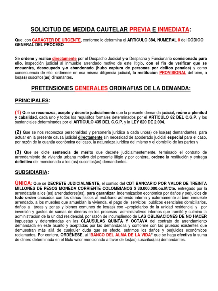 Pretensiones de La Demanda | PDF | Mandato | Daños y perjuicios Pretensiones de La Demanda | PDF | Mandato | Daños y perjuicios