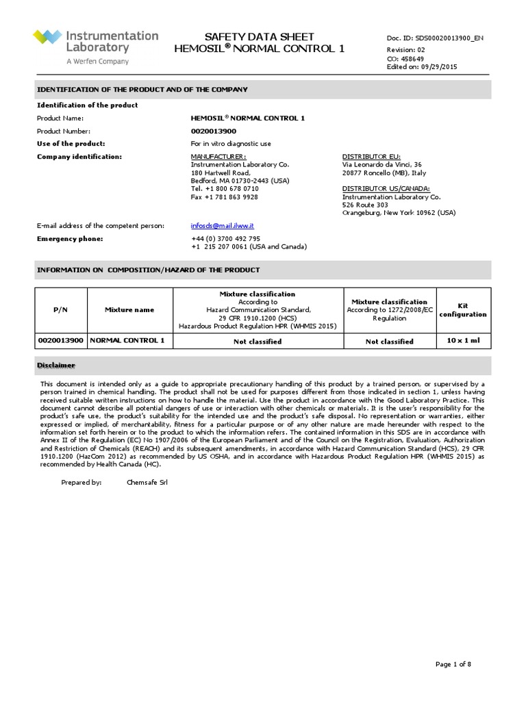 Safety Data Sheet Hemosil Normal Control 1 | PDF | Personal Protective ...