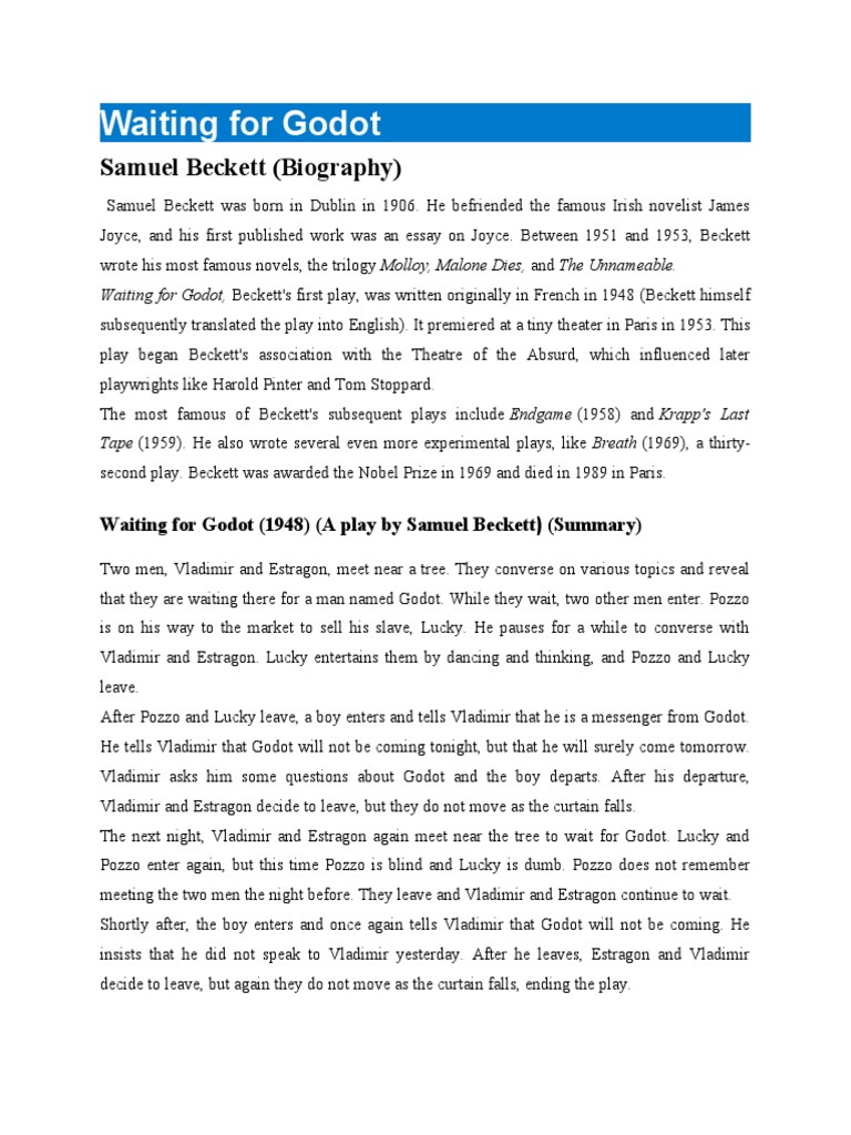Summary of Waiting for Godot | PDF | Samuel Beckett | Plays