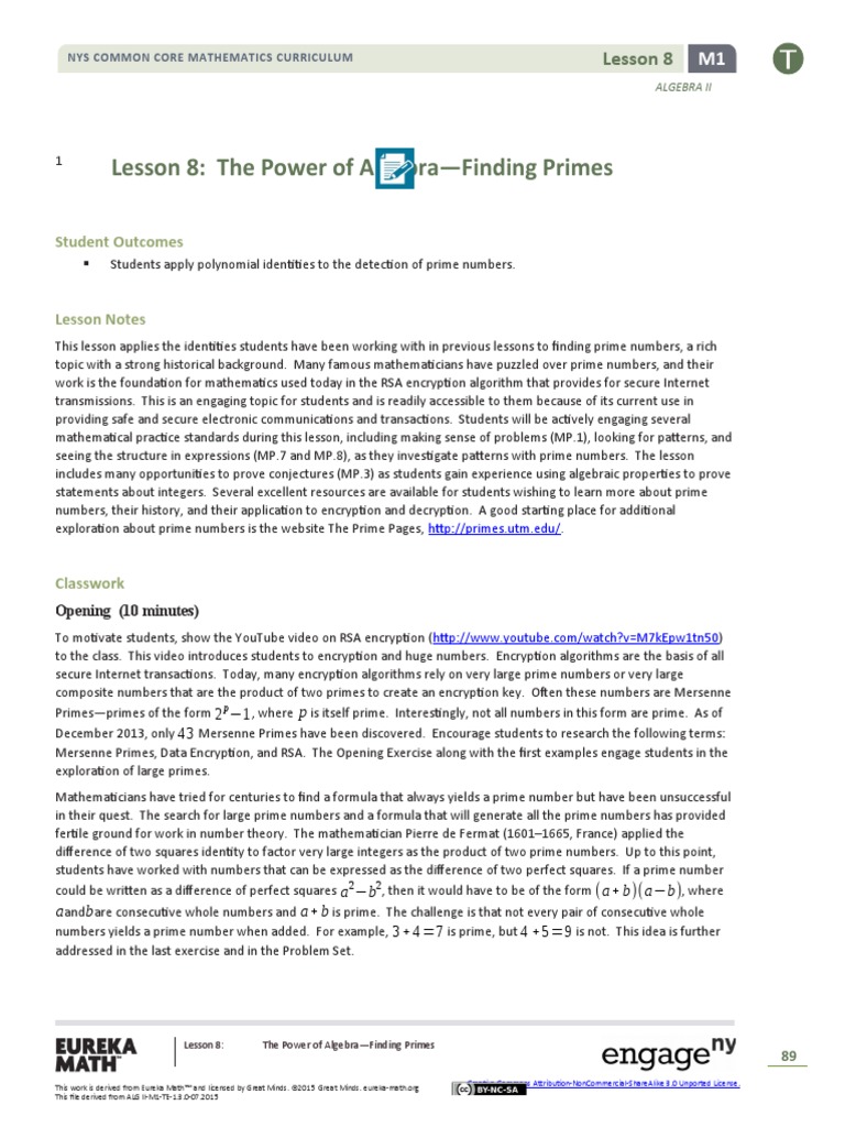 Lesson 8: The Power of Algebra-Finding Primes: Student Outcomes | PDF ...