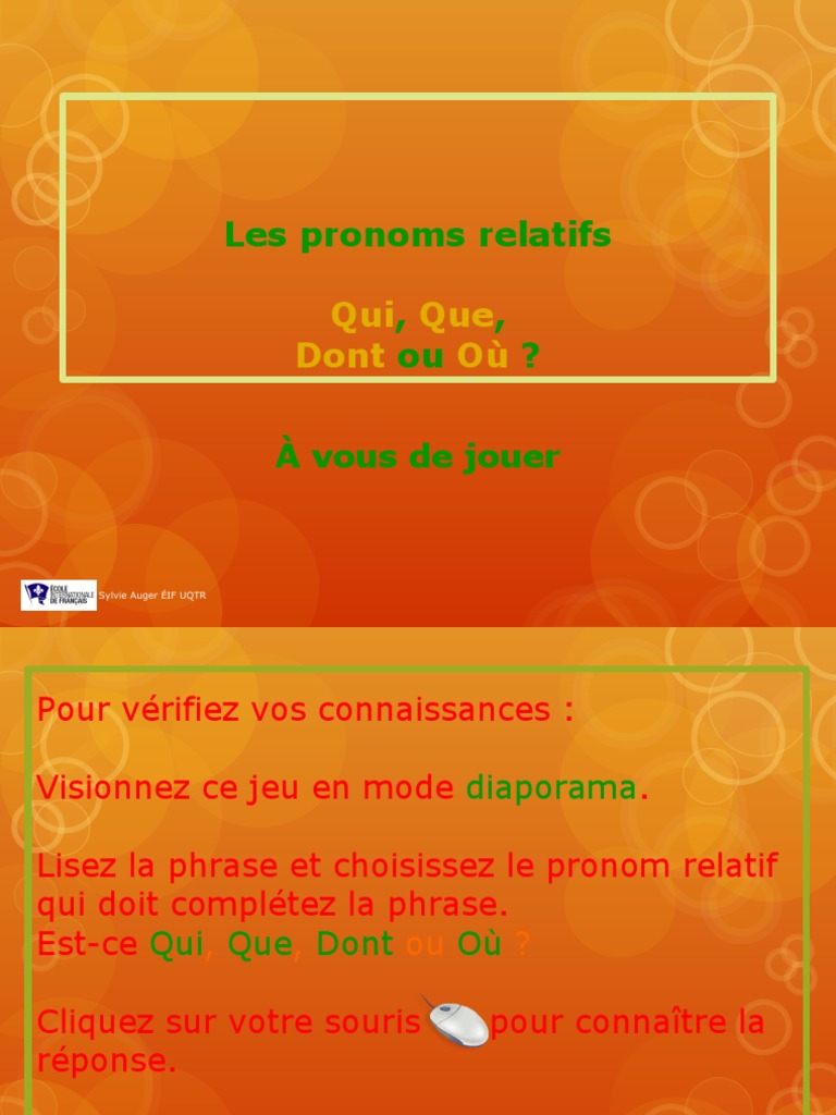 Les Pronoms Relatifs Qui Que Dont Ou Debutant a Vous de Jouer (1)