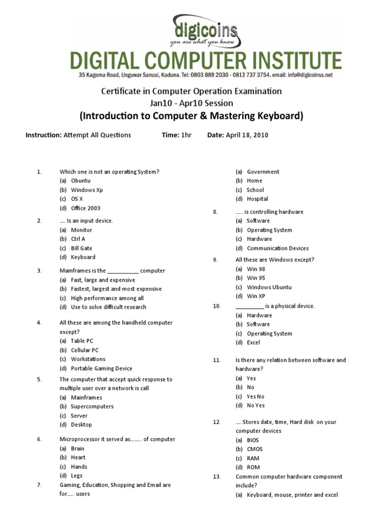 Certificate in Computer Operation Examination | PDF | Computer Hardware ...