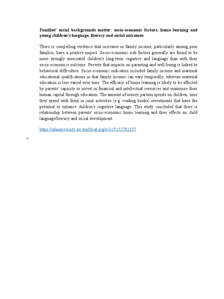 Families' Social Backgrounds Matter Socio-Economic Factors, Home ...