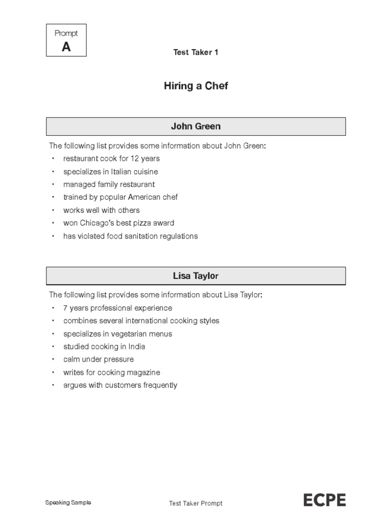 ECPE Sample Speaking Prompts Test Taker | PDF | Chef | Laptop
