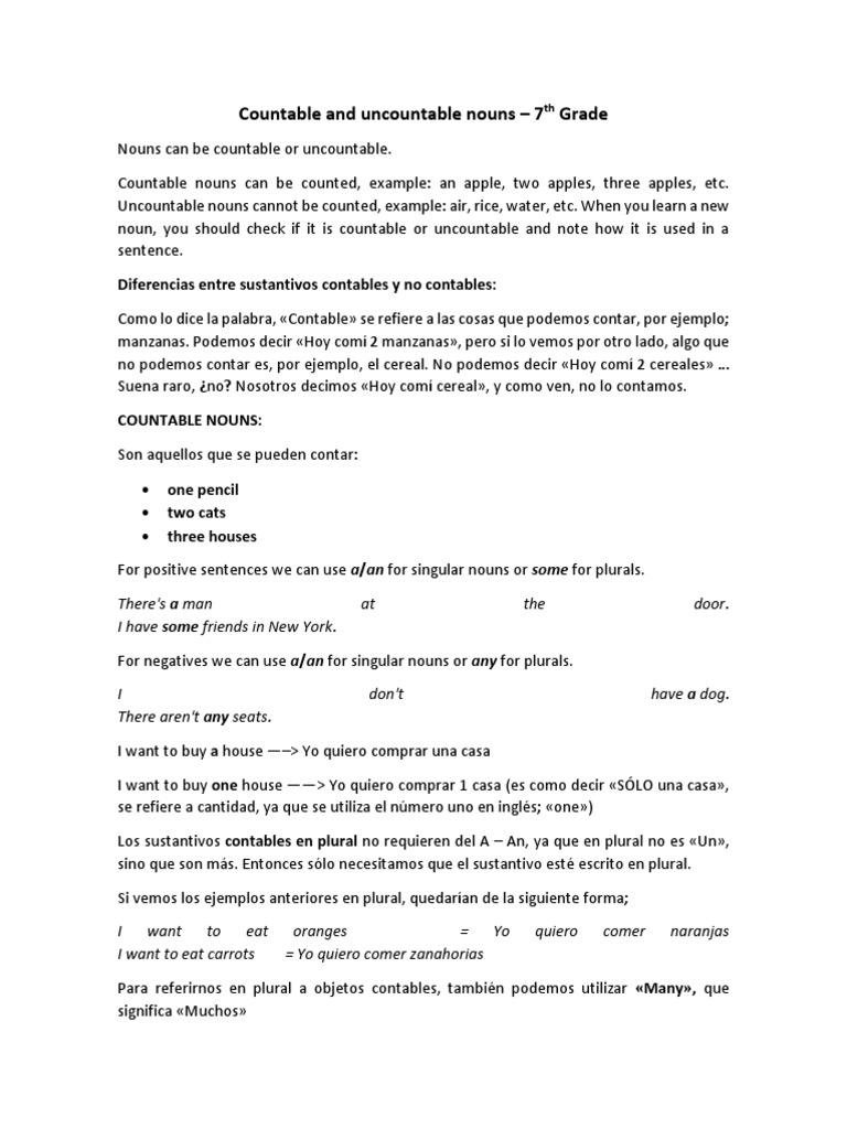 Countable and Uncountable Nouns - 7th Grade | PDF | Relaciones ...