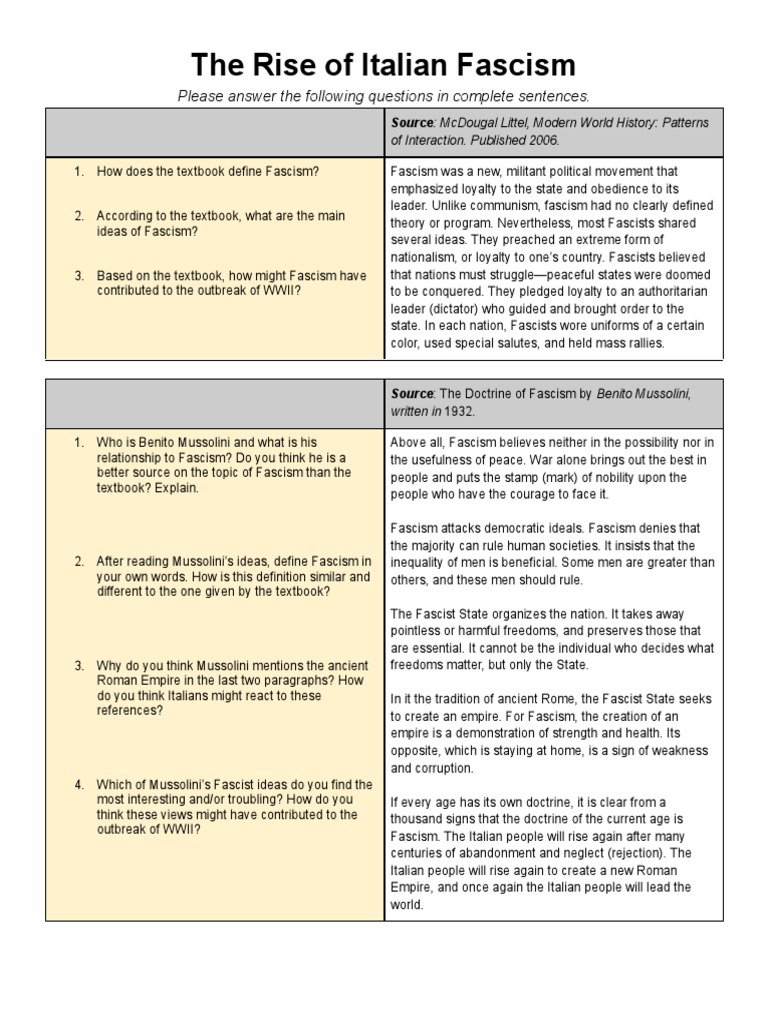 The Rise of Italian Fascism: Please Answer The Following Questions in ...