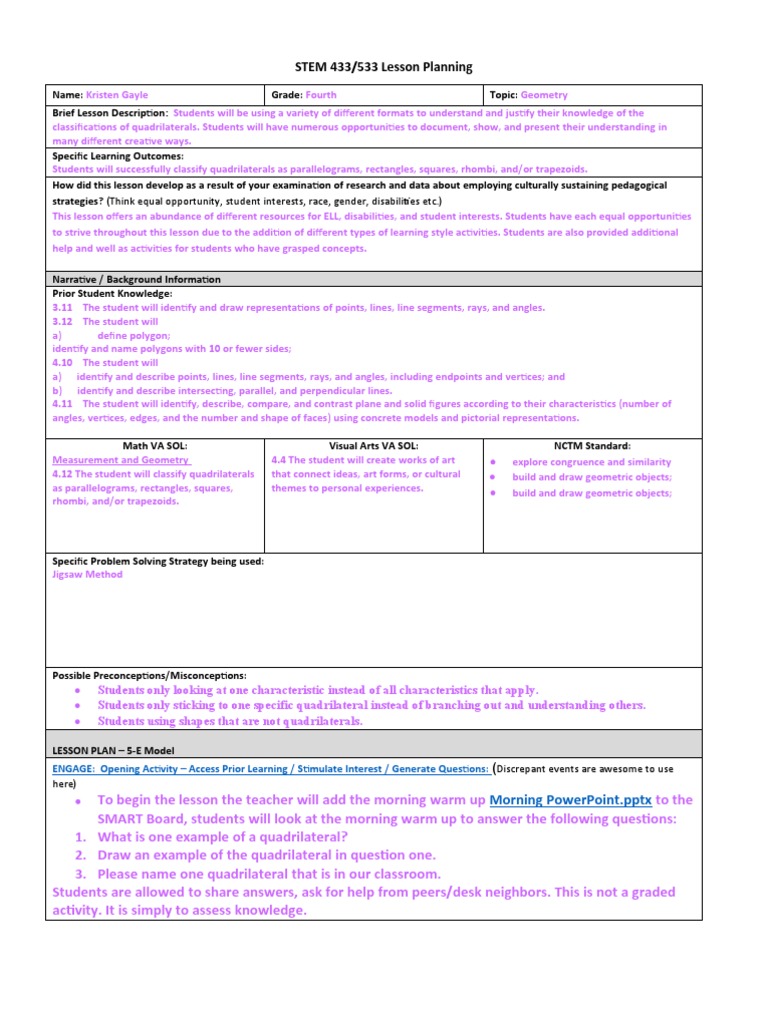 5E Geometry Lesson Plan for Quadrilaterals | PDF | Elementary Geometry ...