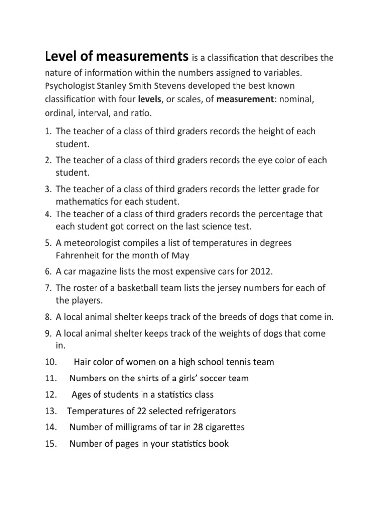 Level of Measurements Worksheet