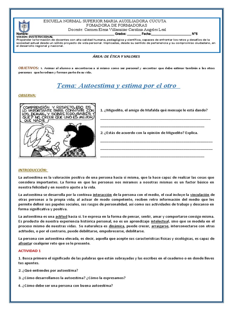 Guia #6 Autoestima y Estima Por El Otro | PDF | Autoestima | Felicidad