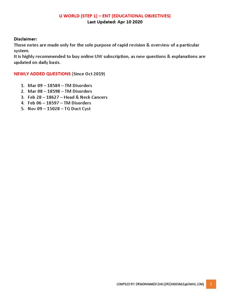 UW (Step 1) ENT - Educational Objectives PDF | PDF | Ear | Human Nose