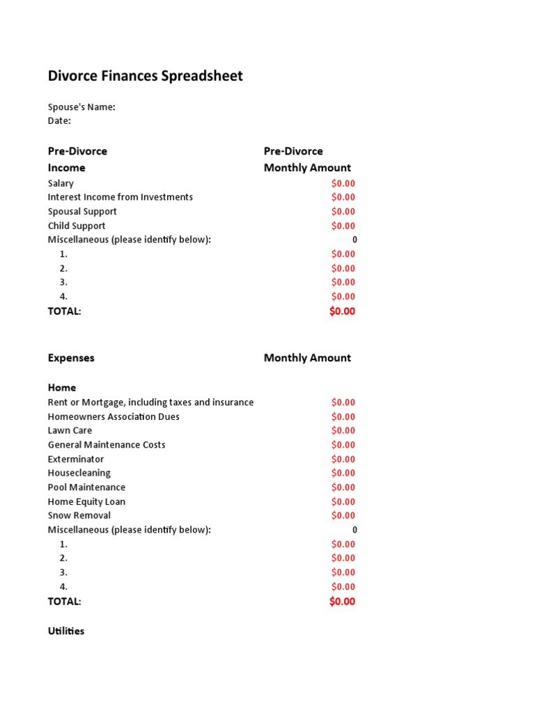 Divorce Budget Worksheet | PDF | Child Support | Mortgage Loan
