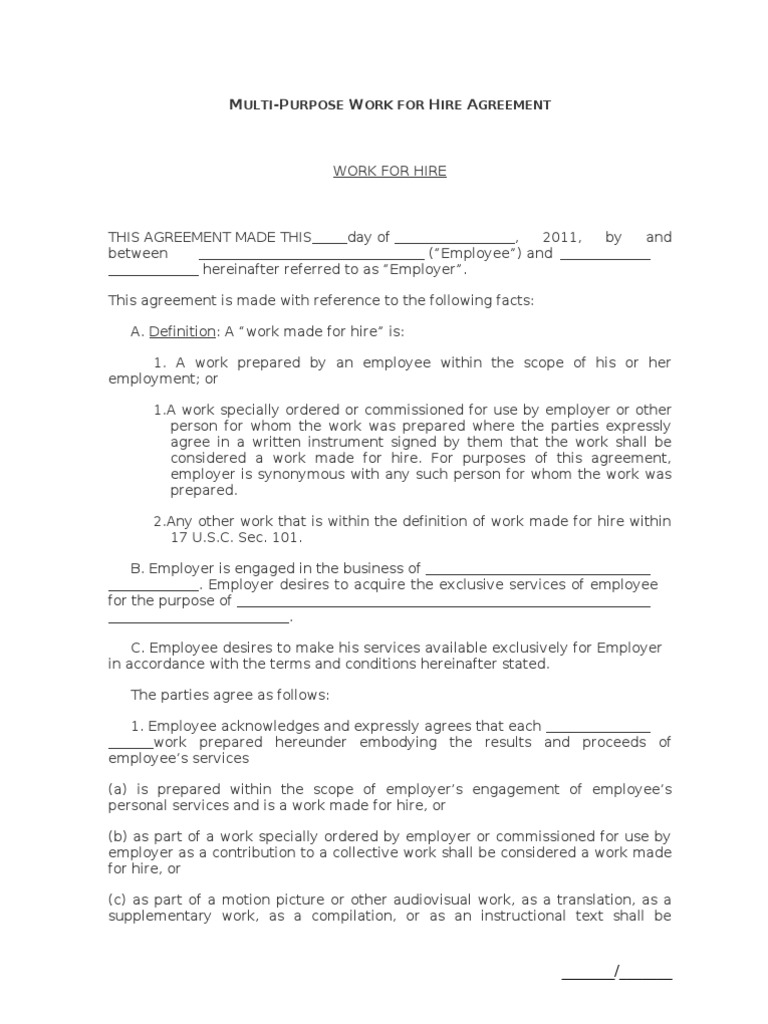 Standard Work For Hire Agreement | Download Free PDF | Employment ...