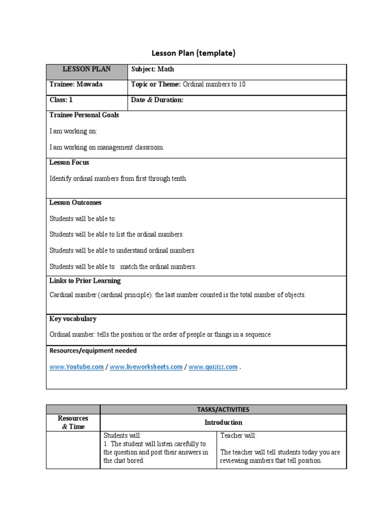 Grade 1 Lesson Plan: Ordinal Numbers | PDF | Lesson Plan | Education Theory